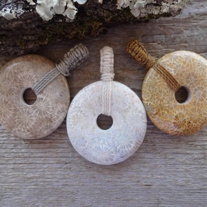 Fossil Coral Round Donut Macrame Necklace, Grounding Protection Stones ...