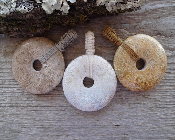 Fossil Coral Round Donut Macrame Necklace Grounding - Etsy