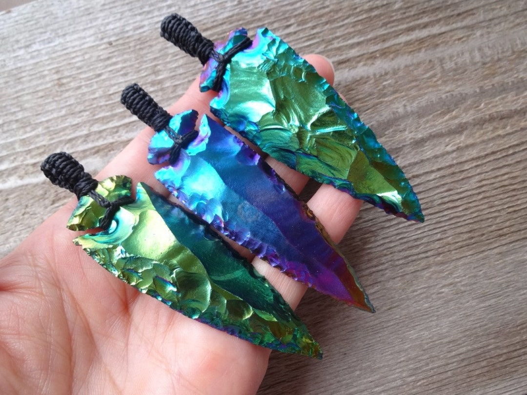 Large Titanium Coated Black Obsidian Arrowhead Necklace, Protection ...