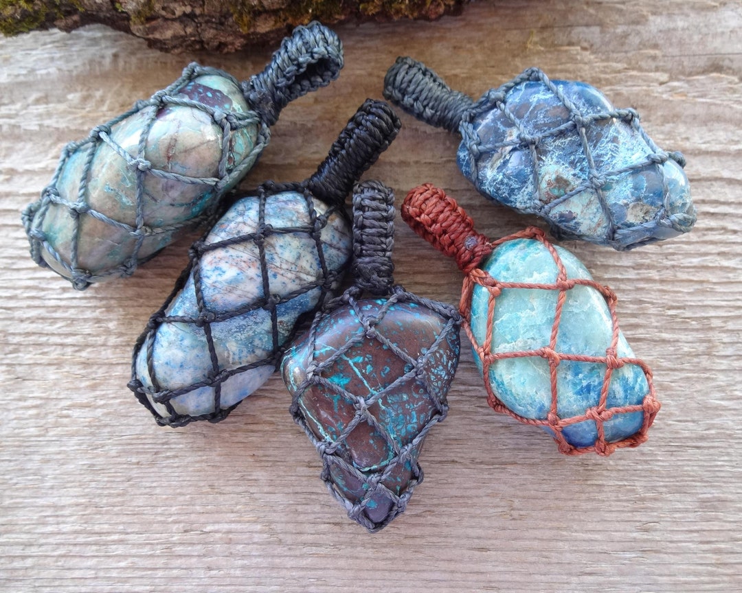 Rough Stone Shattuckite Macrame Necklace, Large Stone Pendant, Blue ...