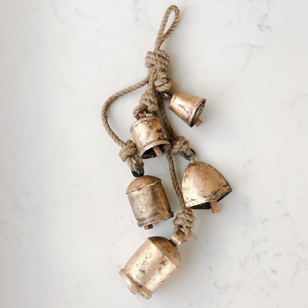 Vintage Handmade Brass Cow Bell Set 5 on Rope - Gold Christmas Bells ...