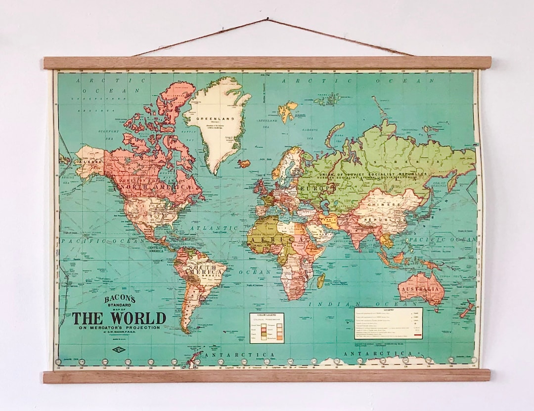 Vintage World Map Chart Poster Print Hanging Chart / Pull Down Style ...