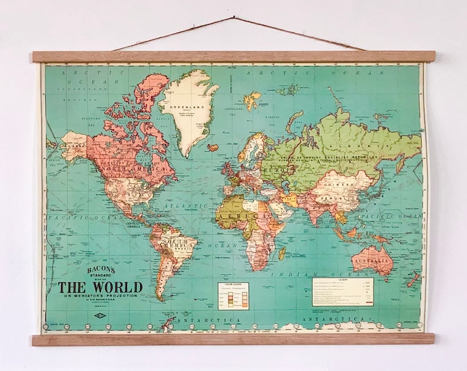 Vintage World Map Chart Poster Print Hanging Chart / Pull Down Style ...