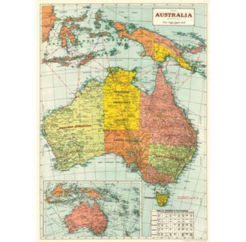 Vintage Australia Map Chart Poster Print With Optional Wooden - Etsy ...