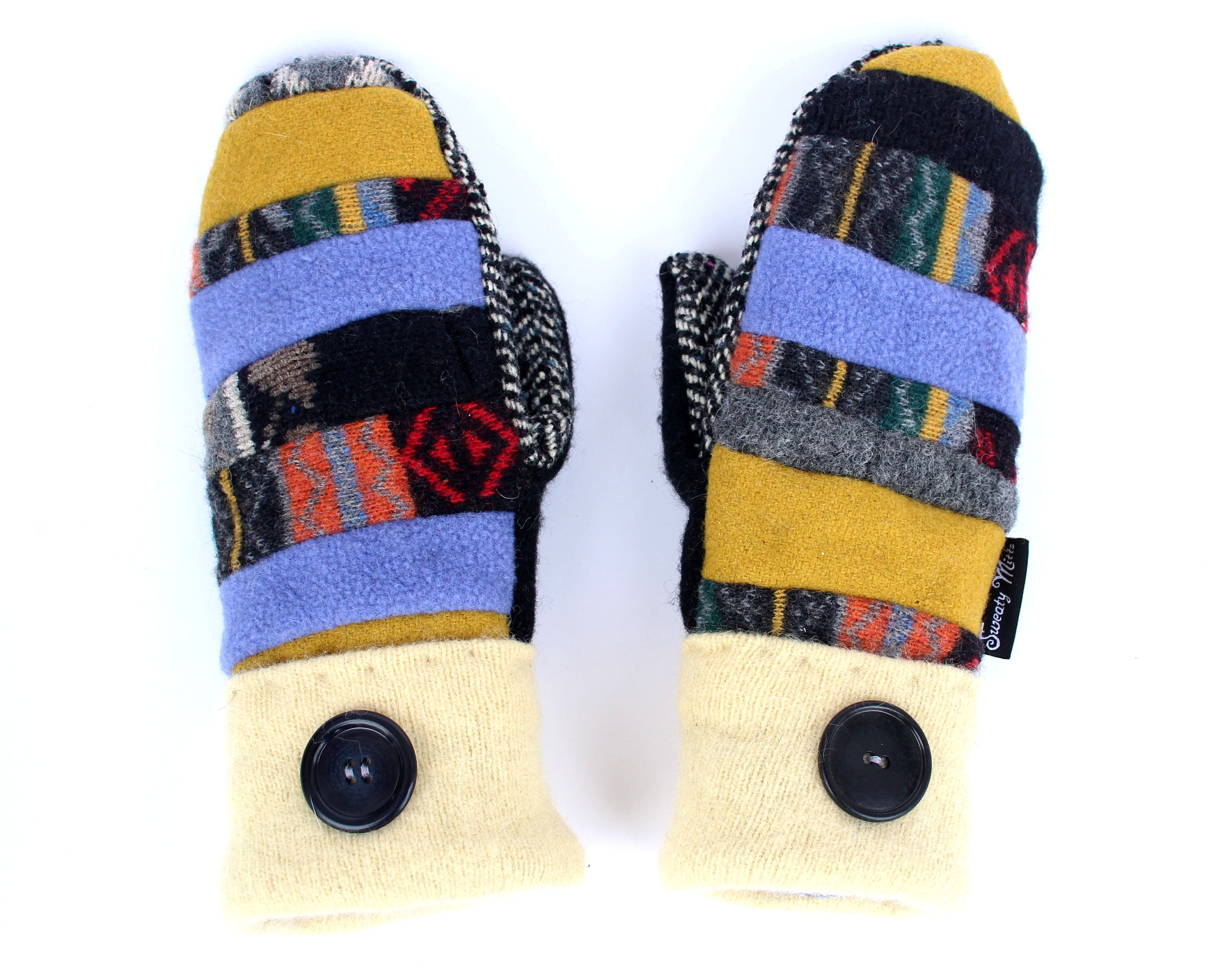 Patchwork Wool Mittens - Sweaty Mitts - Women's - Fleece Lined - Blue ...