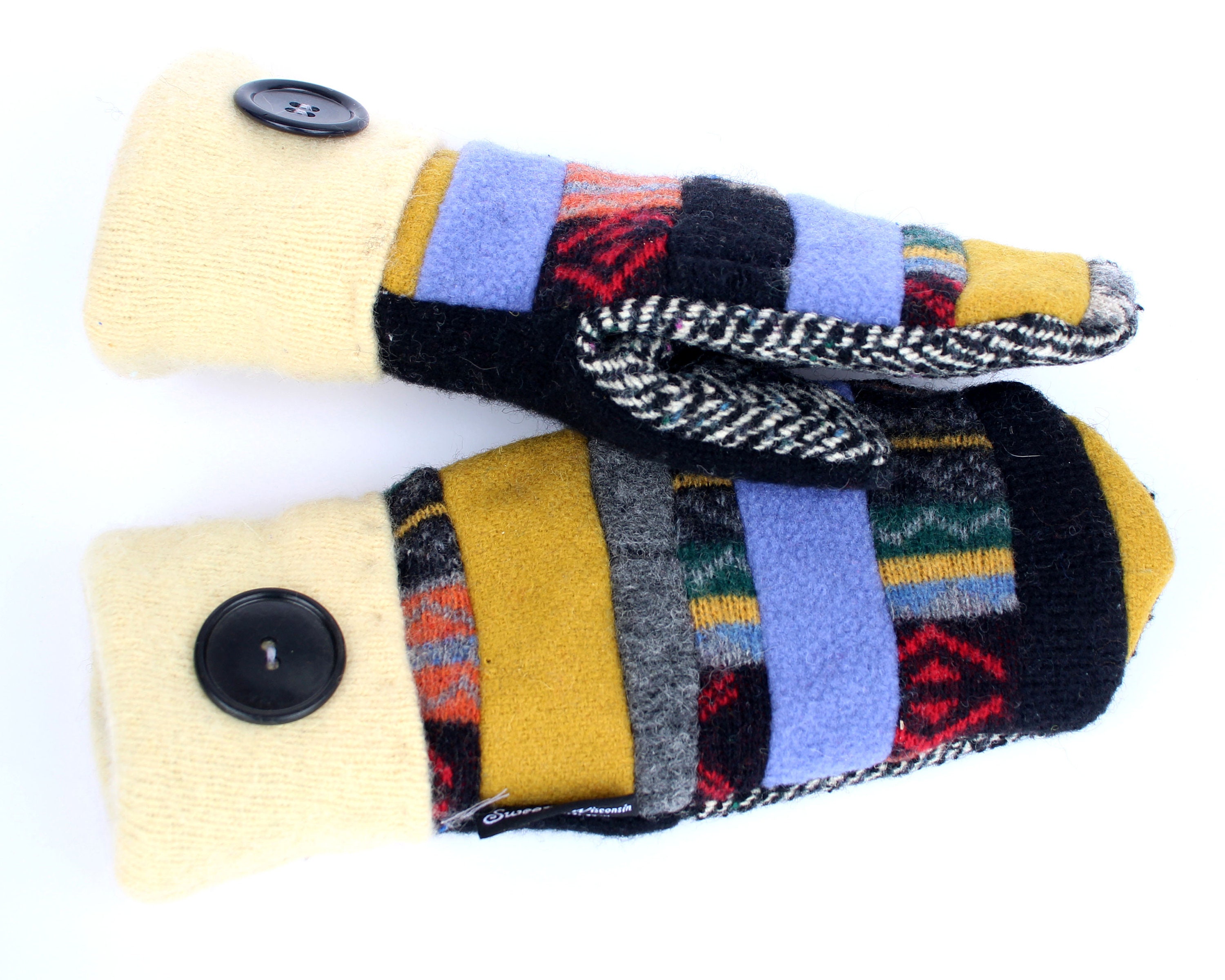Patchwork Wool Mittens - Sweaty Mitts - Women's - Fleece Lined - Blue ...