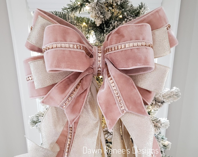 Blush Champagne Gold Christmas Tree Bow, Velvet Christmas Bow ...