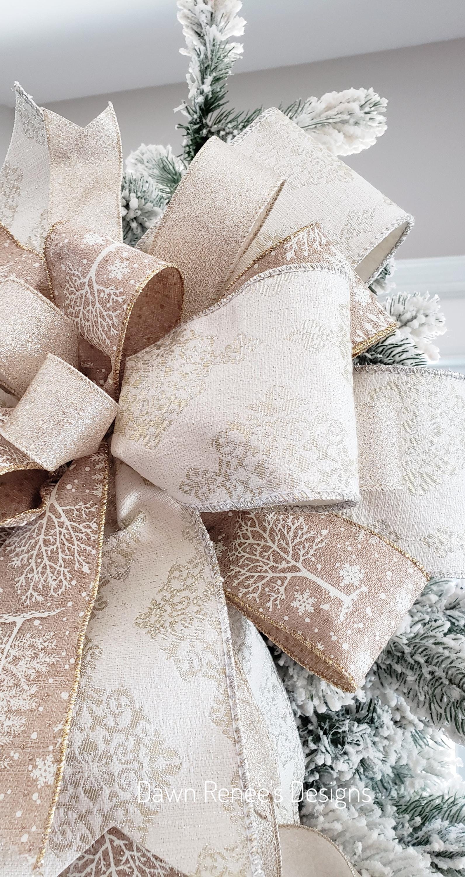 Gold Cream Christmas Tree Topper Bow With Glitter Ribbon Long Streamers ...