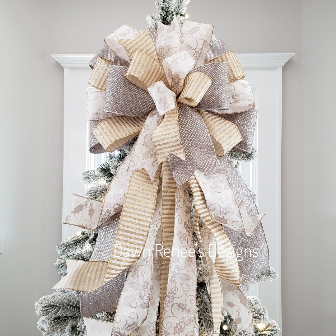 Platinum Gold Cream Christmas Tree Topper Bow, Glittery Tree Bow ...