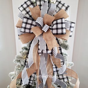 Burlap Tree Topper, Farmhouse Christmas Bow, Buffalo Plaid Bow, Black and White, Bows With Long ...