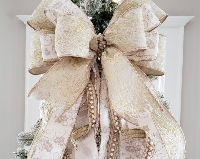 Gold Cream Christmas Tree Topper Bow Beaded Designer Ribbon, Luxury Bow ...