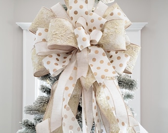 Gold Cream Christmas Tree Topper Bow, Glittery Gold Tree Topper ...
