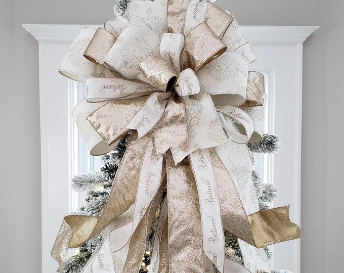 Gold Ivory Christmas Tree Topper Bow, Glittery Gold Tree Topper ...