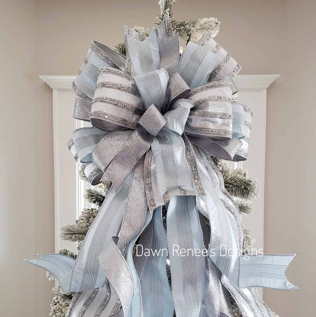 Silver Light Blue Christmas Tree Topper Bow, Tree Topper, Classy ...