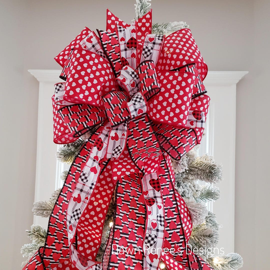Valentine Tree Topper, Red White Black Valentines Bow, Heart Bow, Tree ...