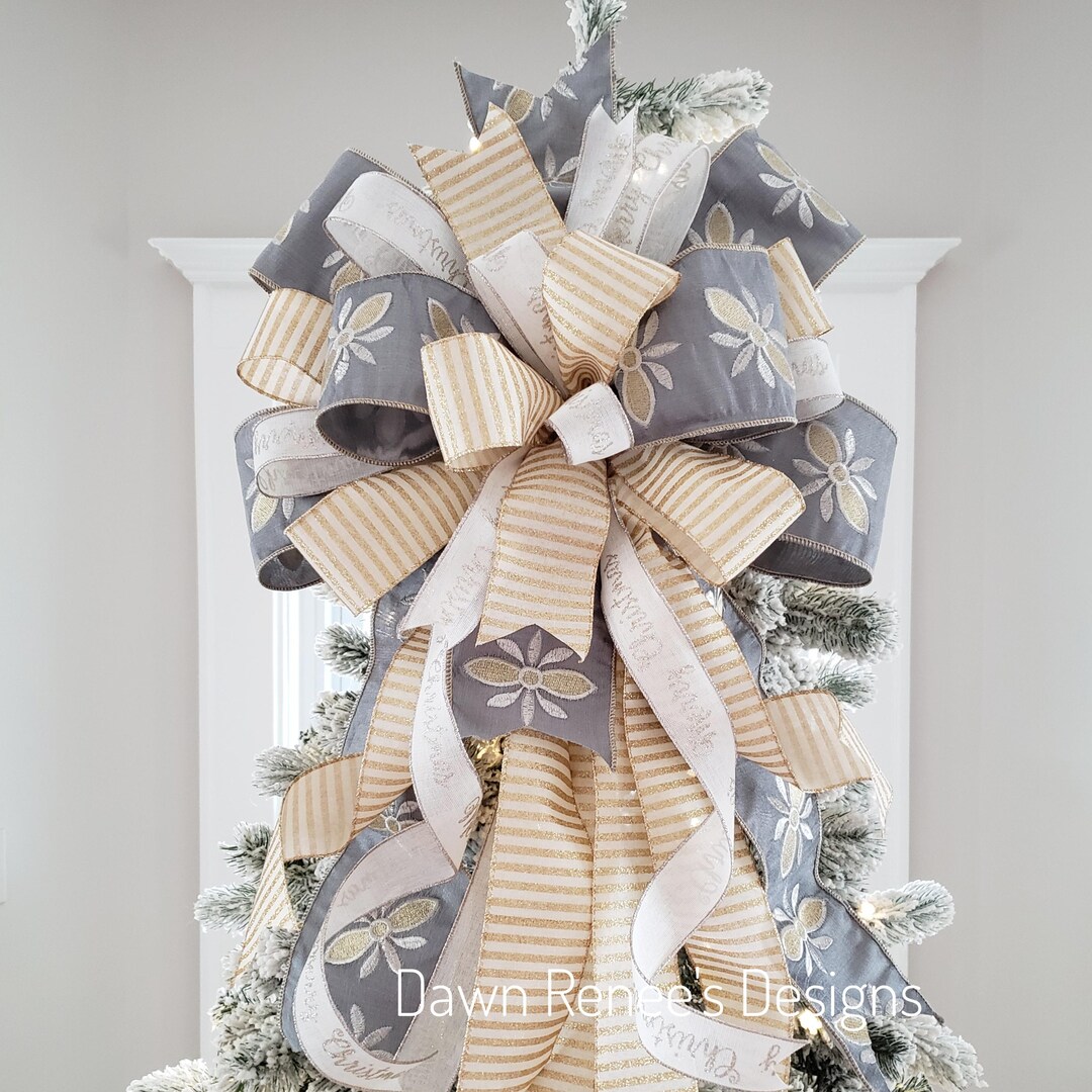 Christmas Tree Bow, Grey Gold Cream Tree Topper Bow, Velvet Christmas ...
