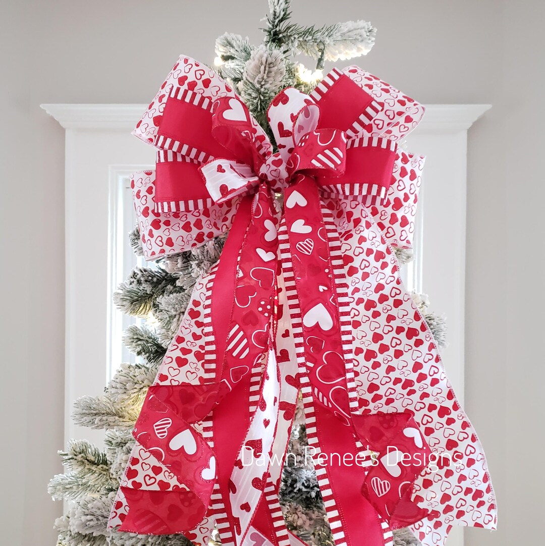 Red Valentine Tree Topper, Valentines Bow, Red and White Bows, Tree ...