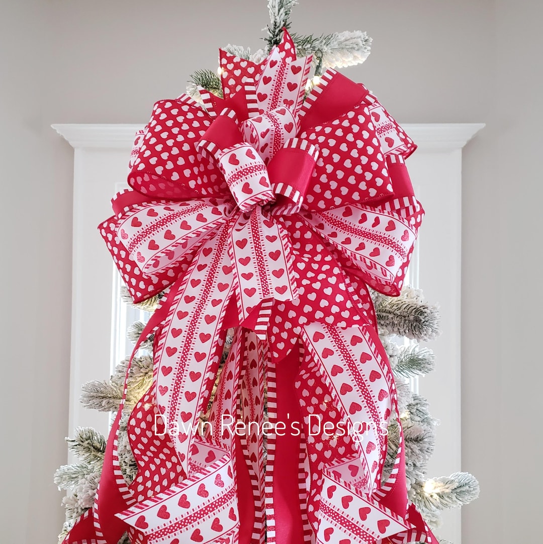 Valentine Tree Topper, Red White Valentines Bow, Heart Bow, Tree Topper ...