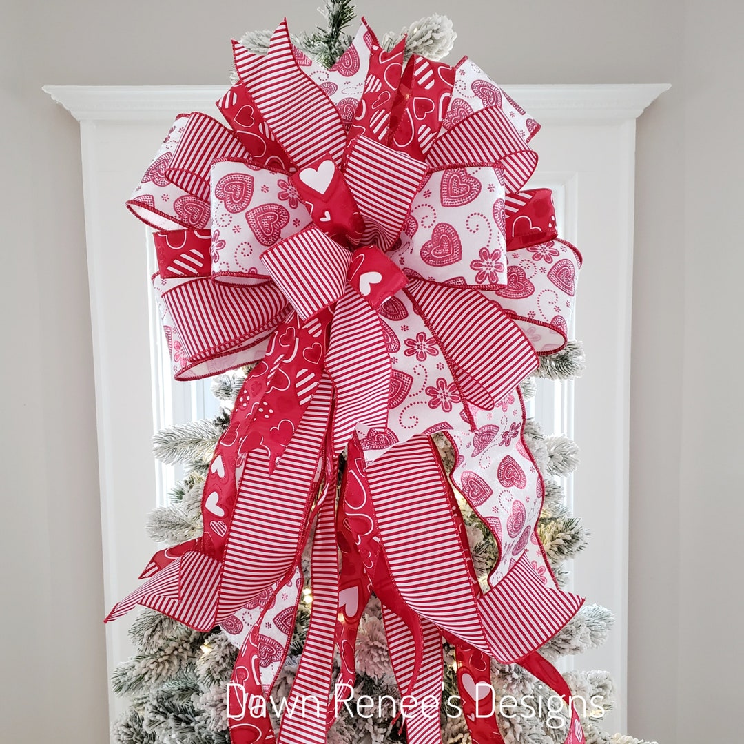 Valentine Tree Topper, Red White Valentines Bow, Heart Bow, Tree Topper ...