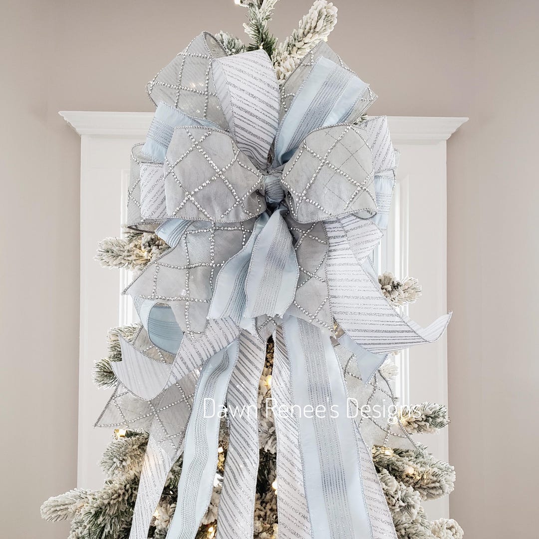 Blue Silver White Christmas Tree Bow, Christmas Bows, Christmas Bow ...