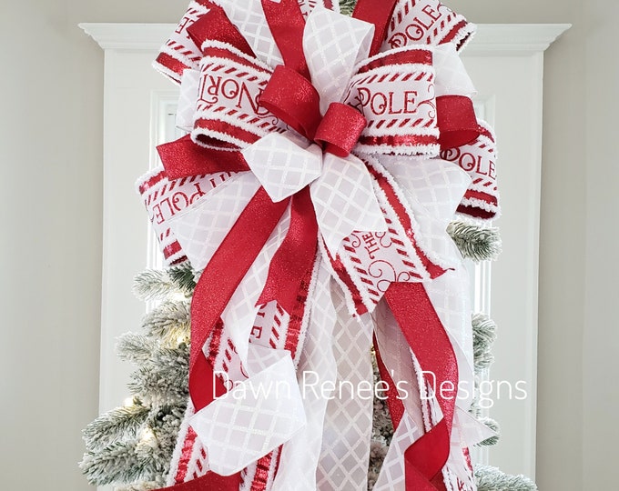 North Pole Christmas Tree Bow, Red White Tree Topper - Etsy