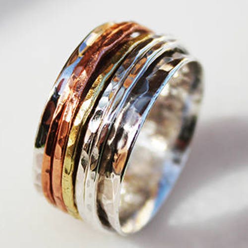 Tri Color Stack Rings 5 Band Stacking Ring Set Hammered Yellow | Etsy