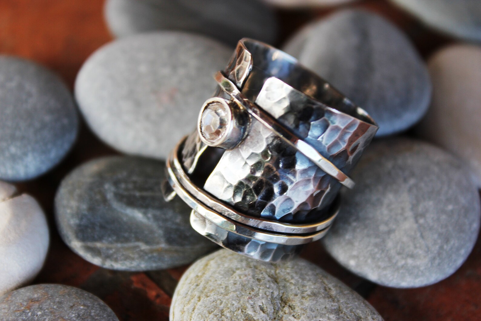Hammered Wide Silver Band Ring With Zirgon - Etsy
