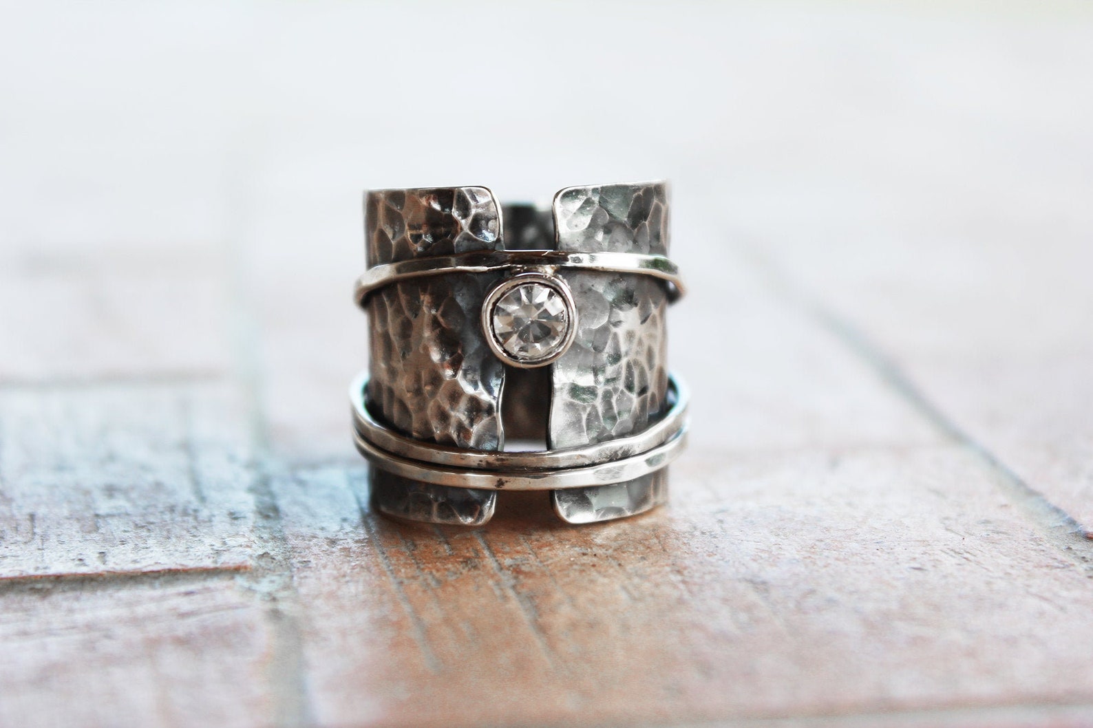 Hammered Wide Silver Band Ring With Zirgon - Etsy