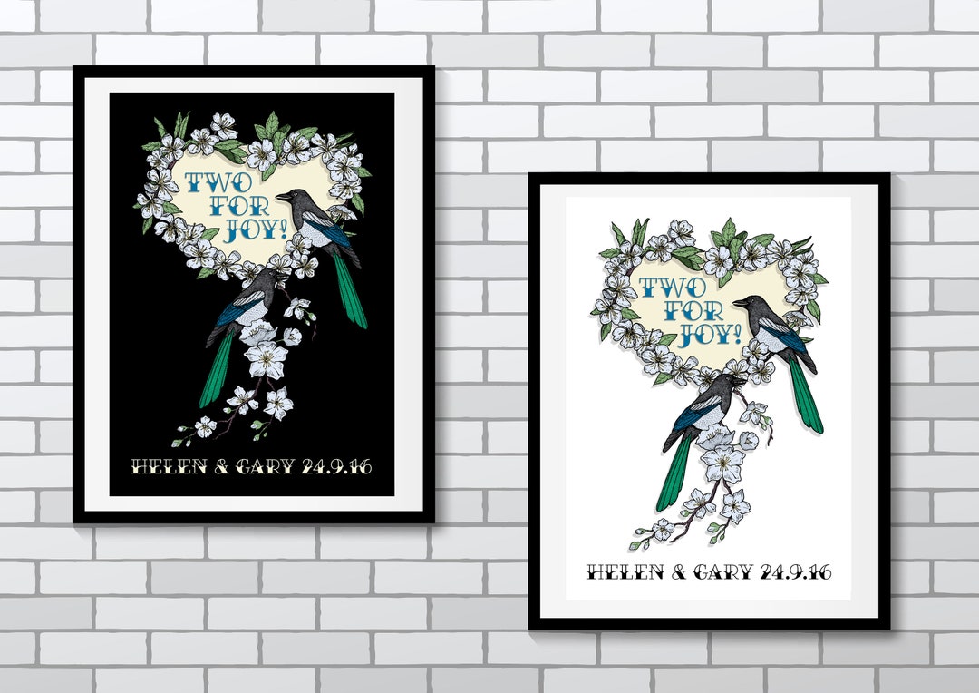 Personalised Magpies and Blossom Two for Joy Illustrated Wedding / Love ...