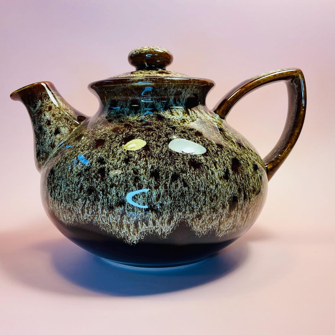 Fosters Pottery Brown and White Honeycomb Drip Glaze Round Teapot ...