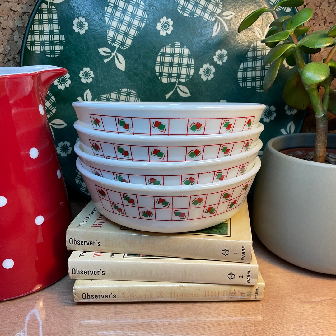 Vintage 1980s Pyrex Milk Glass Bowls / Red & Green Geometric Pattern ...