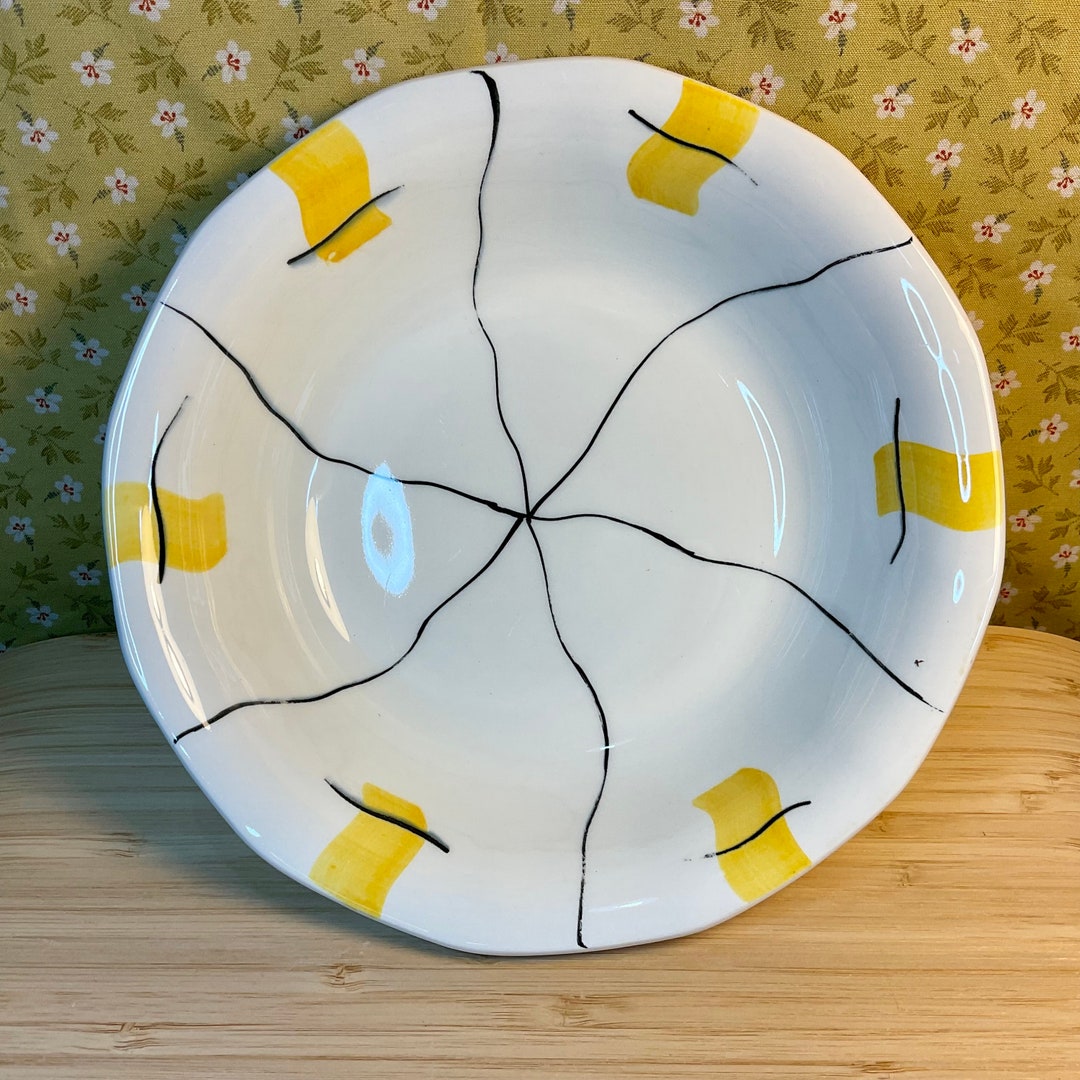 Vintage 1950s Hand Painted Yellow and Black Pattern Serving Bowl / Mid ...