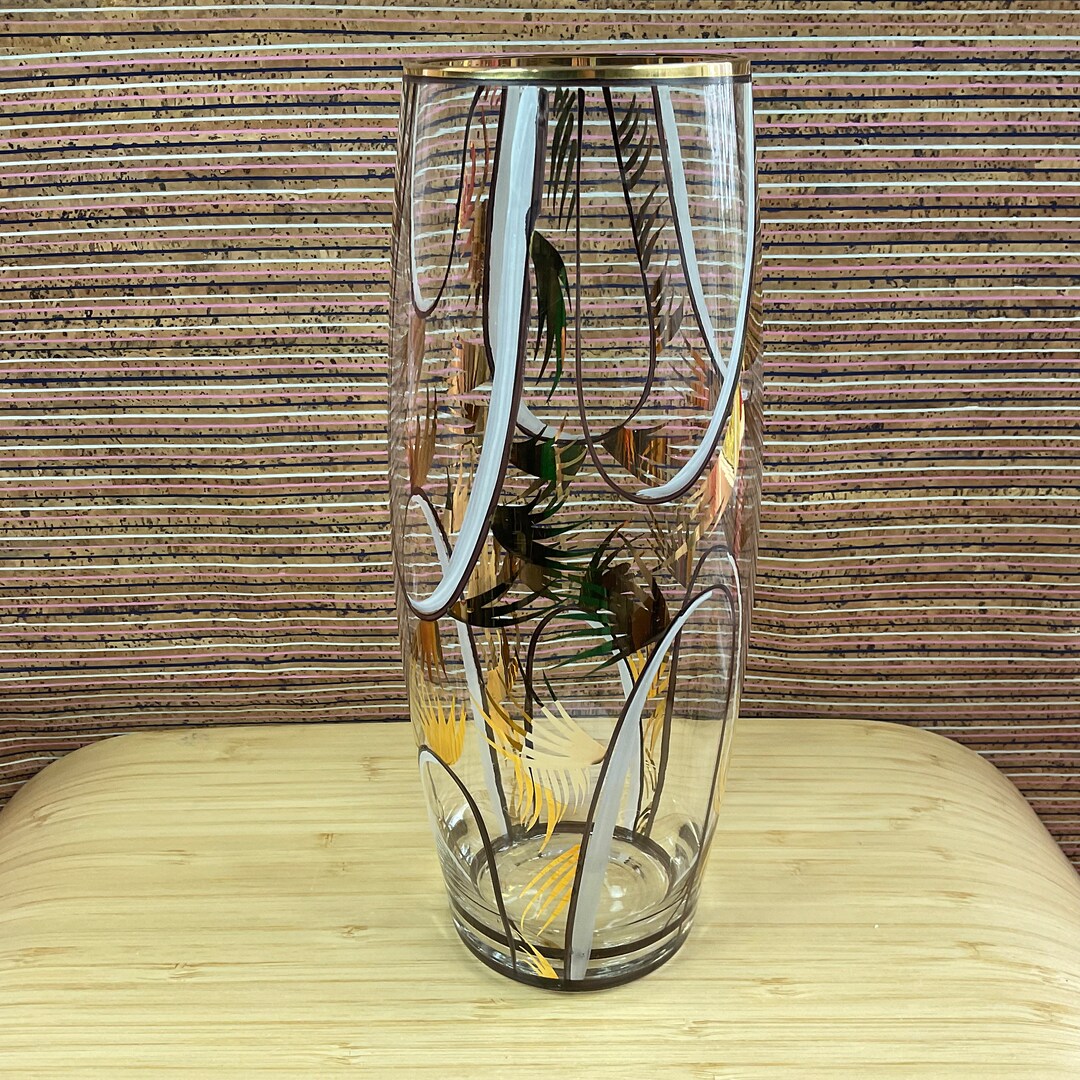 Mid Century Czech Glass Vase With Gold & White Pattern - Unique Hand ...