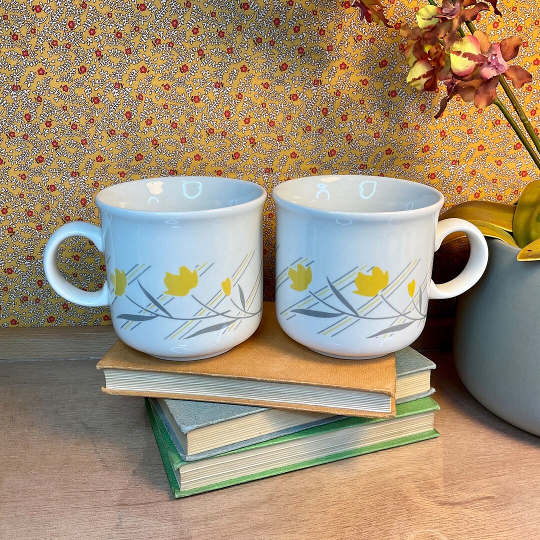 Pair of 1980s Kiln Craft Coloroll Yellow and Grey Floral Cups /diagonal ...