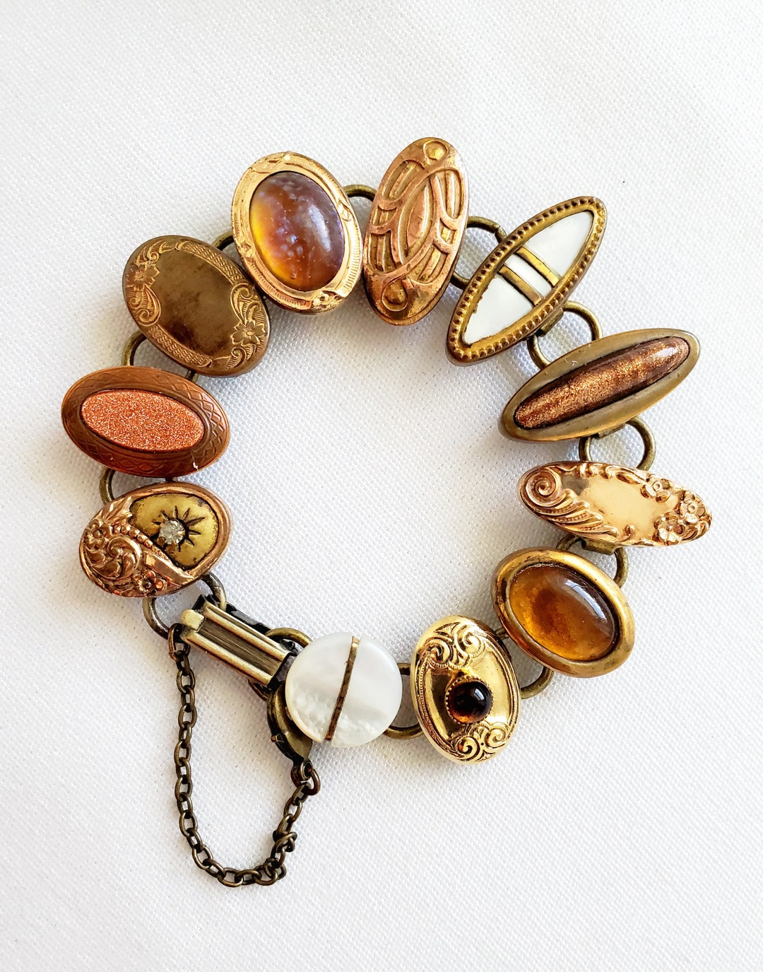 Antique Cufflink Bracelet With Goldstone, Mother of Pearl, Colored ...