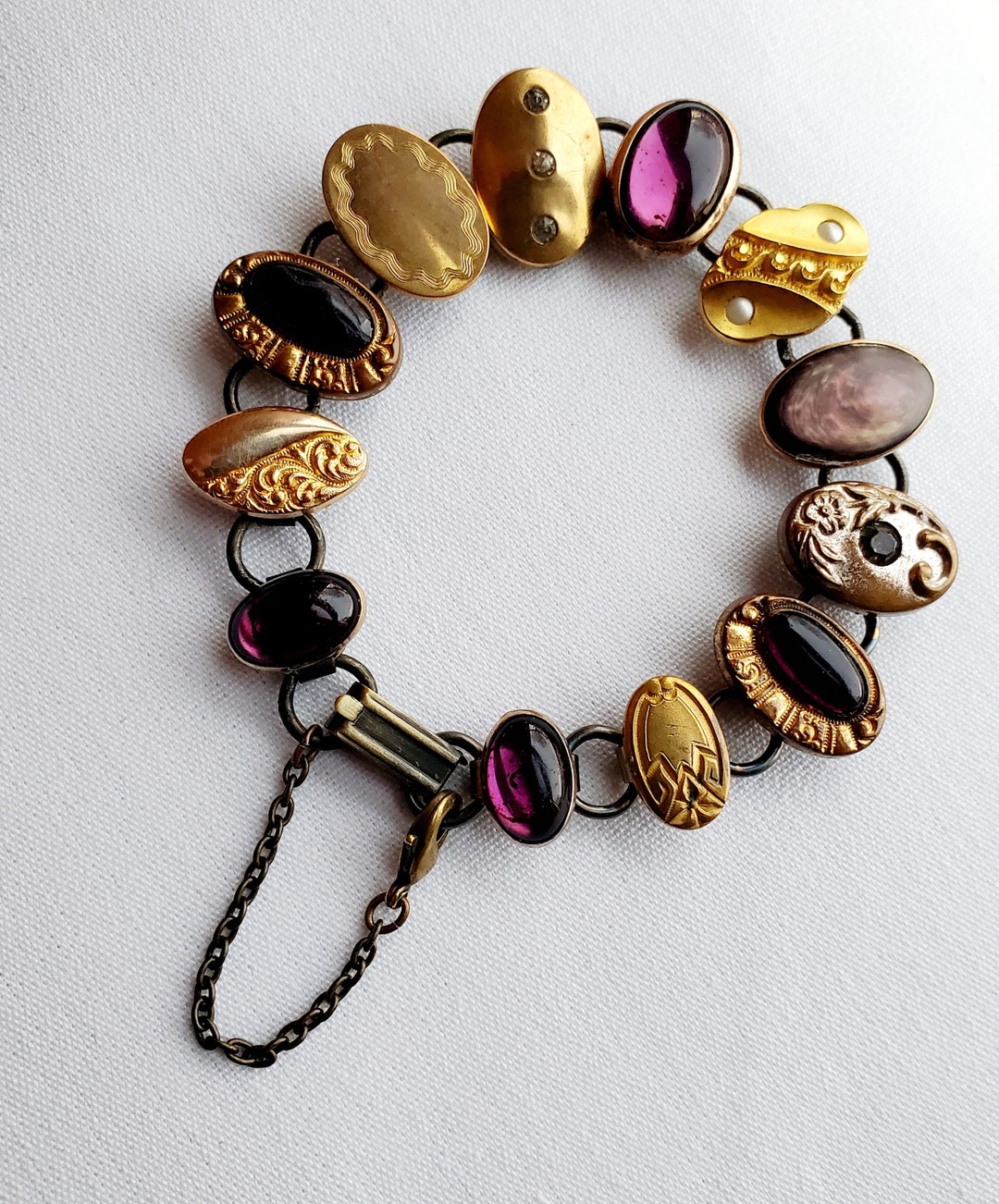 Antique Cufflink Bracelet With Purple Glass, Smoky Mother of Pearl, and ...