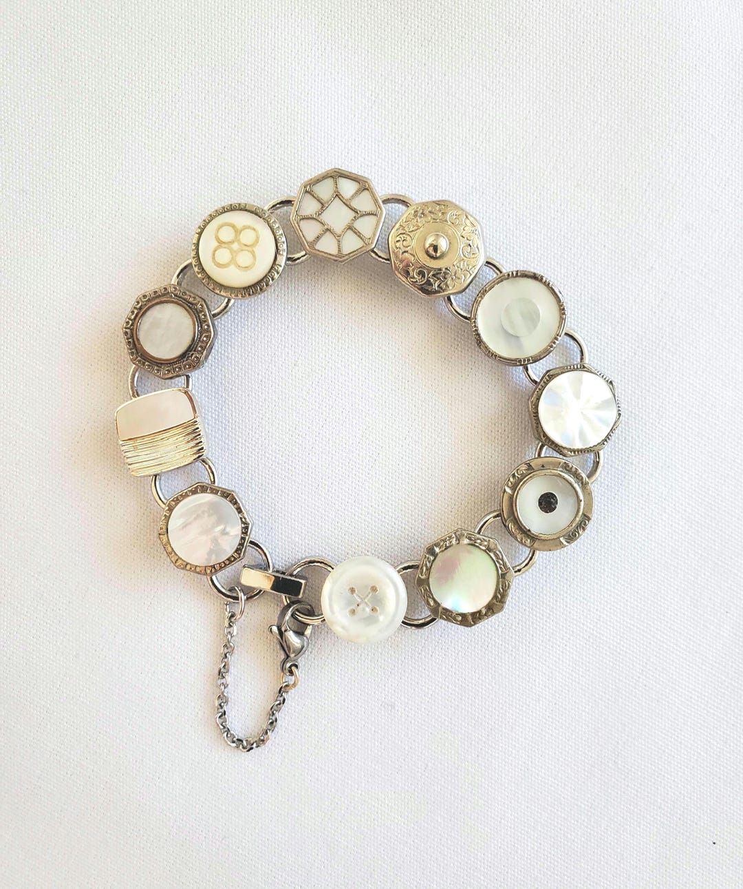 Antique Cufflink Bracelet With Art Deco Silver and Mother of Pearl Snap ...