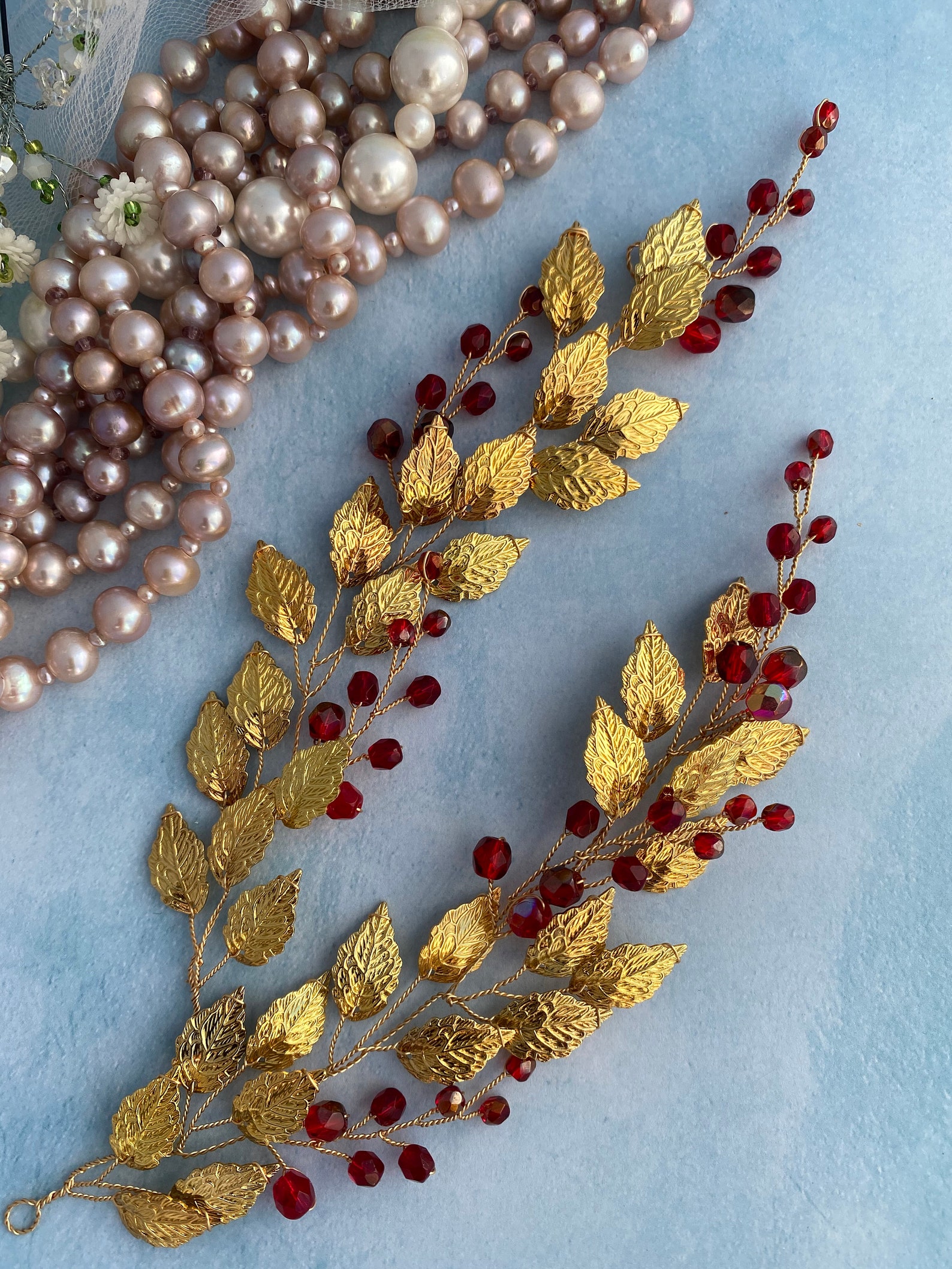 Gold Leaf Bridal Hair Vine: Ruby Red Czech Glass Wedding Headpiece ...