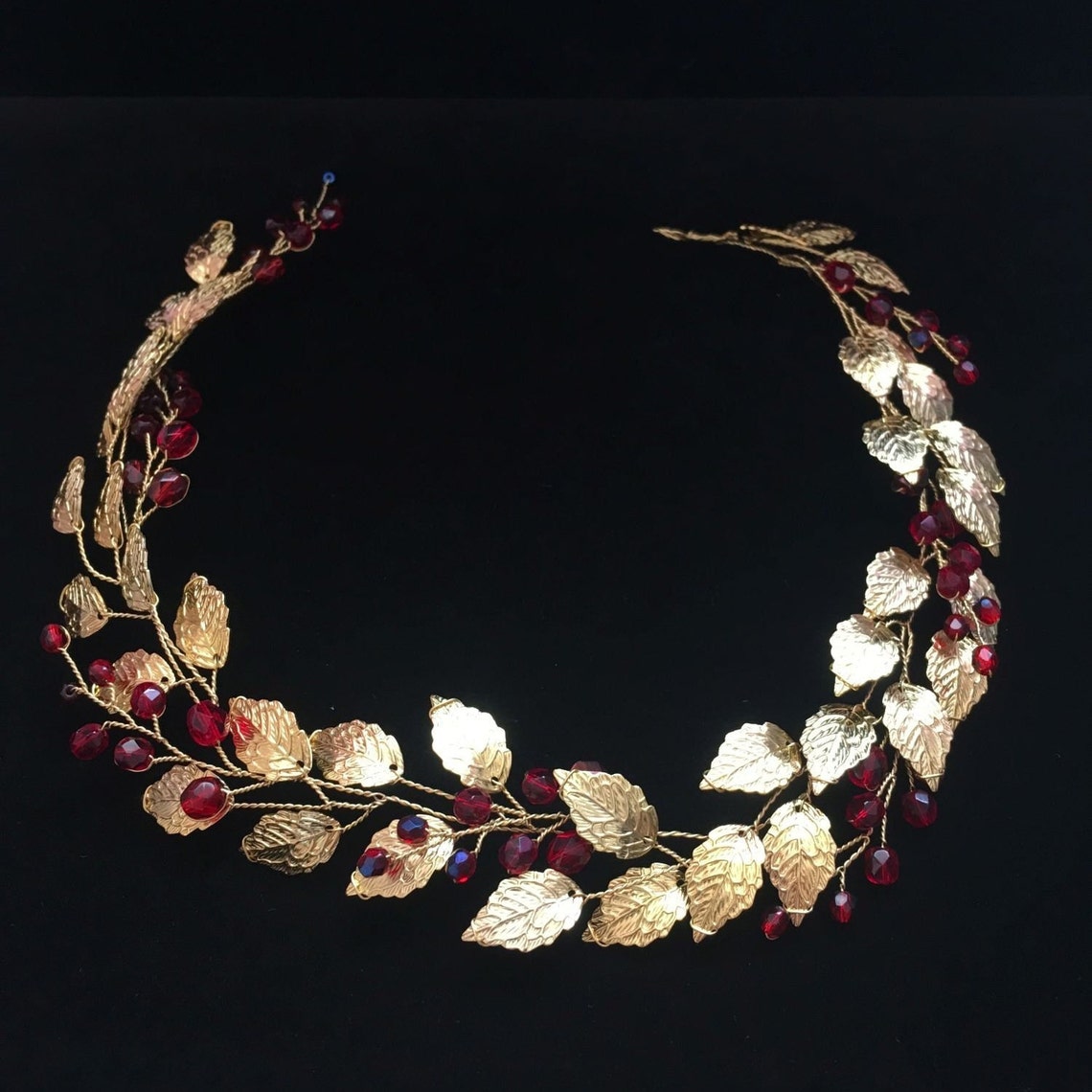Gold Leaf Bridal Hair Vine: Ruby Red Czech Glass Wedding Headpiece ...