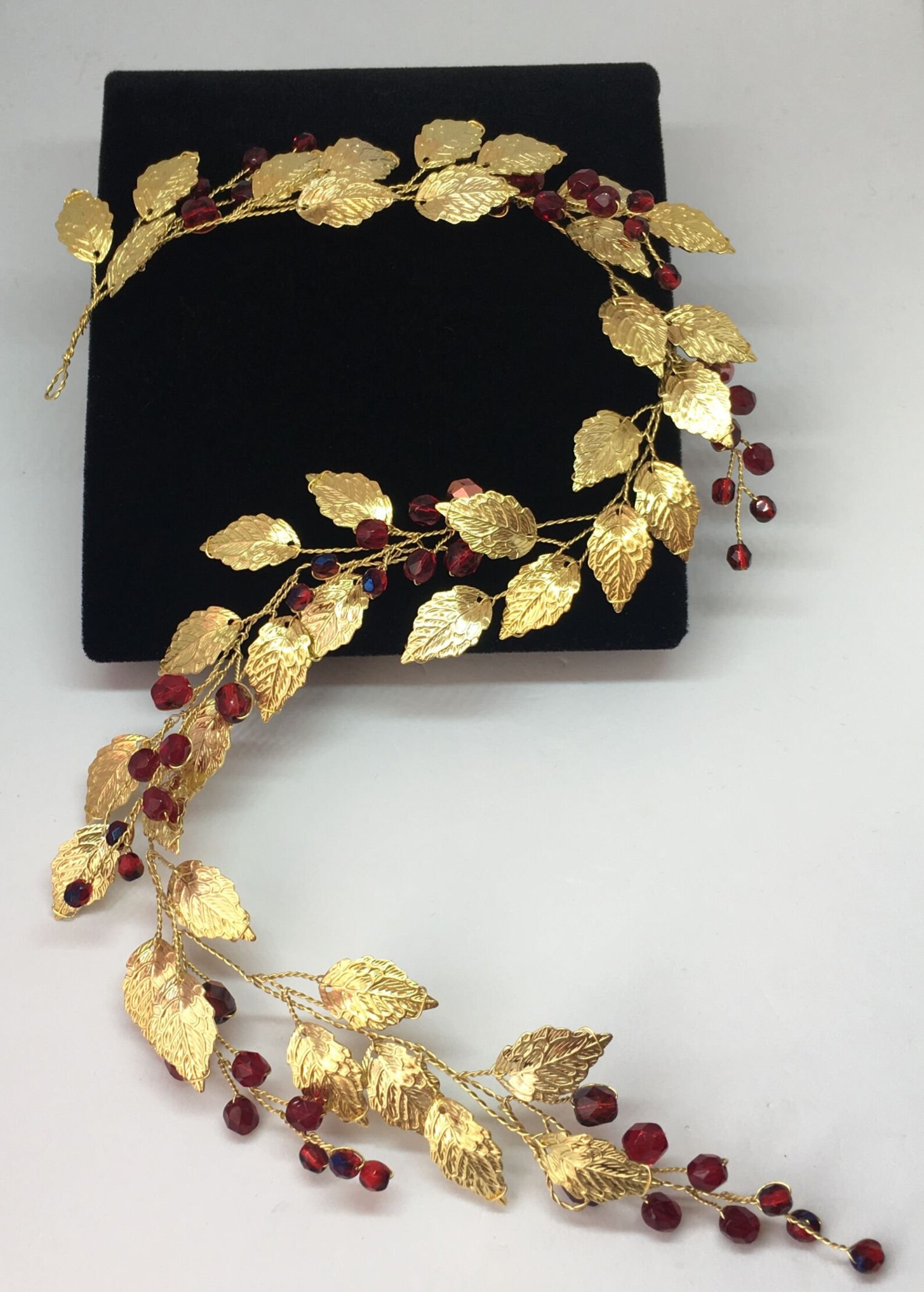 Gold Leaf Bridal Hair Vine: Ruby Red Czech Glass Wedding Headpiece ...