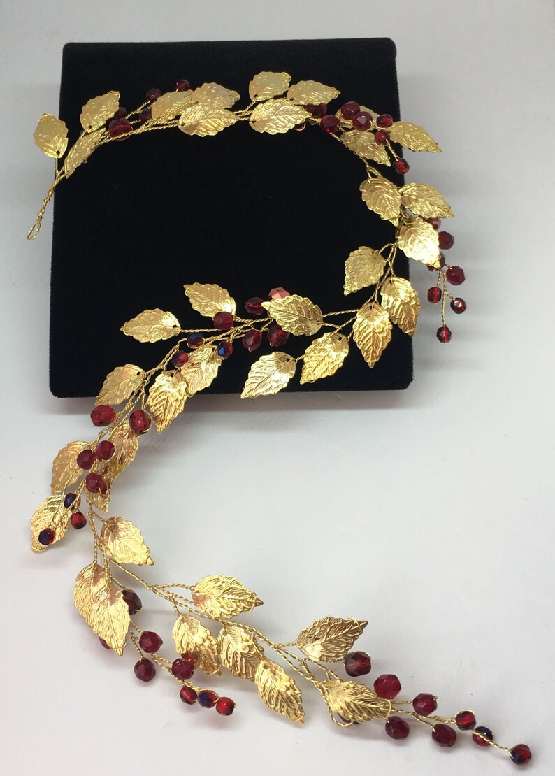 Gold Leaf Bridal Hair Vine: Ruby Red Czech Glass Wedding Headpiece ...