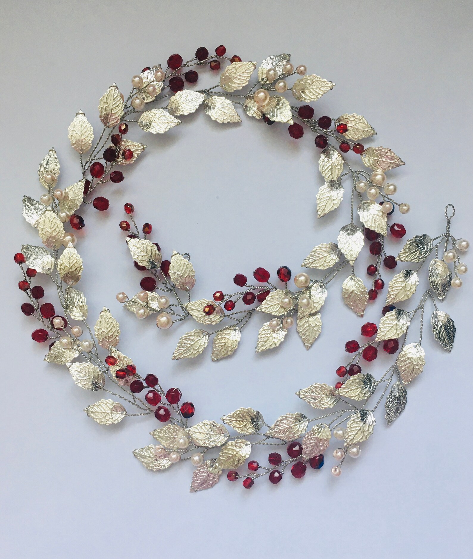 Gold Leaf Bridal Hair Vine: Ruby Red Czech Glass Wedding Headpiece ...