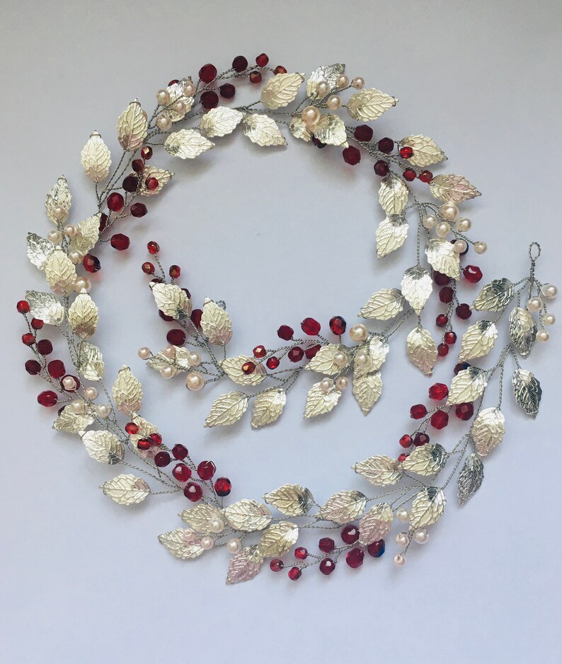 Gold Leaf Bridal Hair Vine: Ruby Red Czech Glass Wedding Headpiece ...
