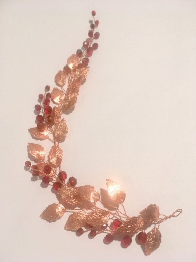 Gold Leaf Bridal Hair Vine: Ruby Red Czech Glass Wedding Headpiece ...