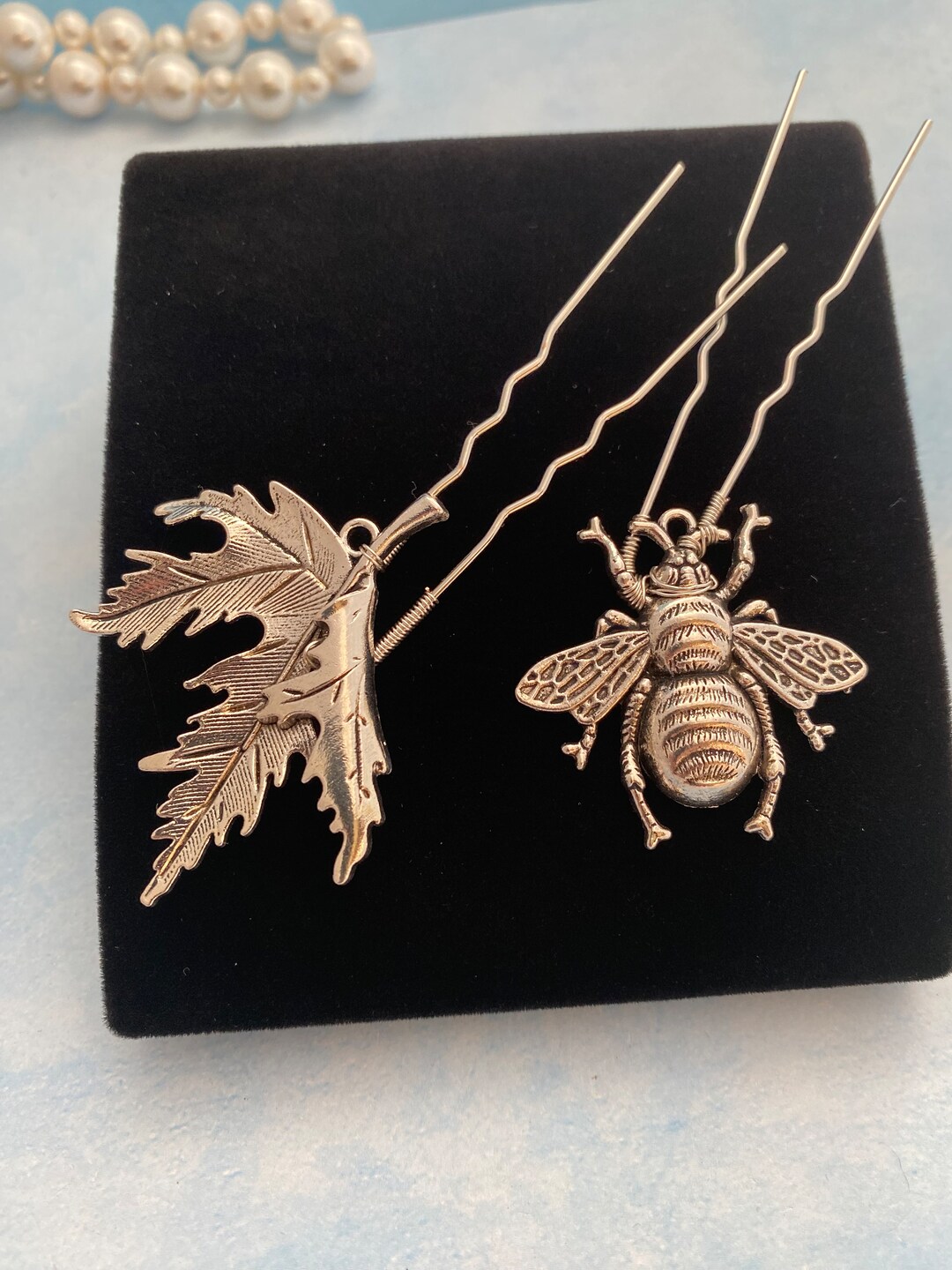 Silver Leaf Honey Bee Hair Pin Nature Inspired Hair Adornment Accessory ...