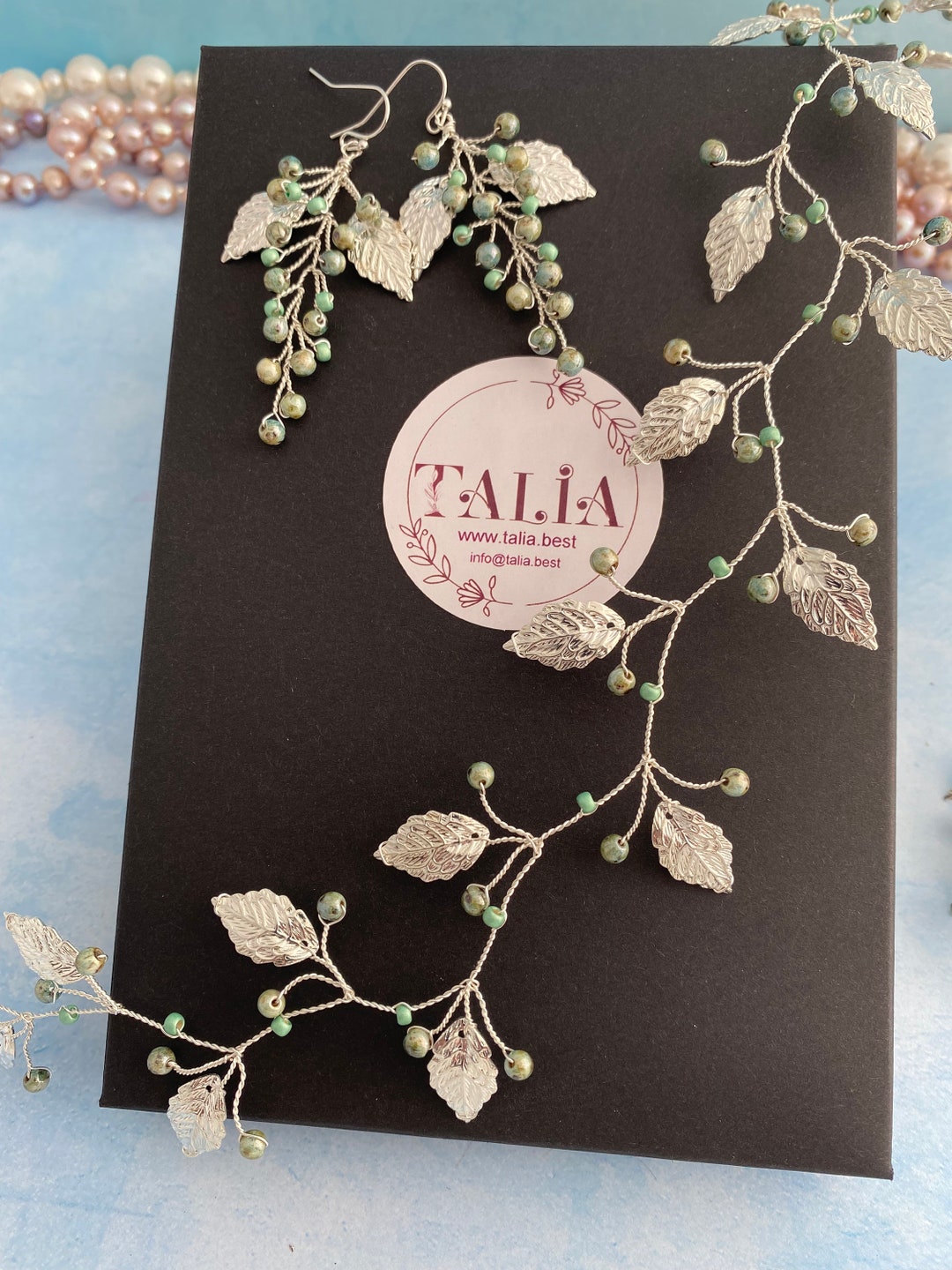 Silver Green Hair Vine and Earrings Greenery Wedding Bridal Accessory ...