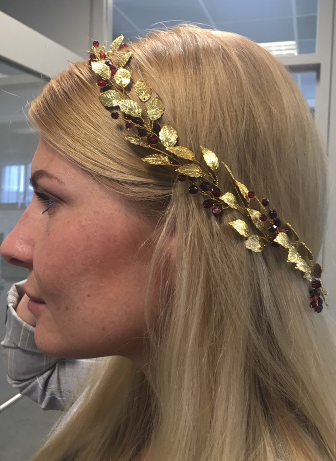 Gold Leaf Bridal Hair Vine: Ruby Red Czech Glass Wedding Headpiece ...