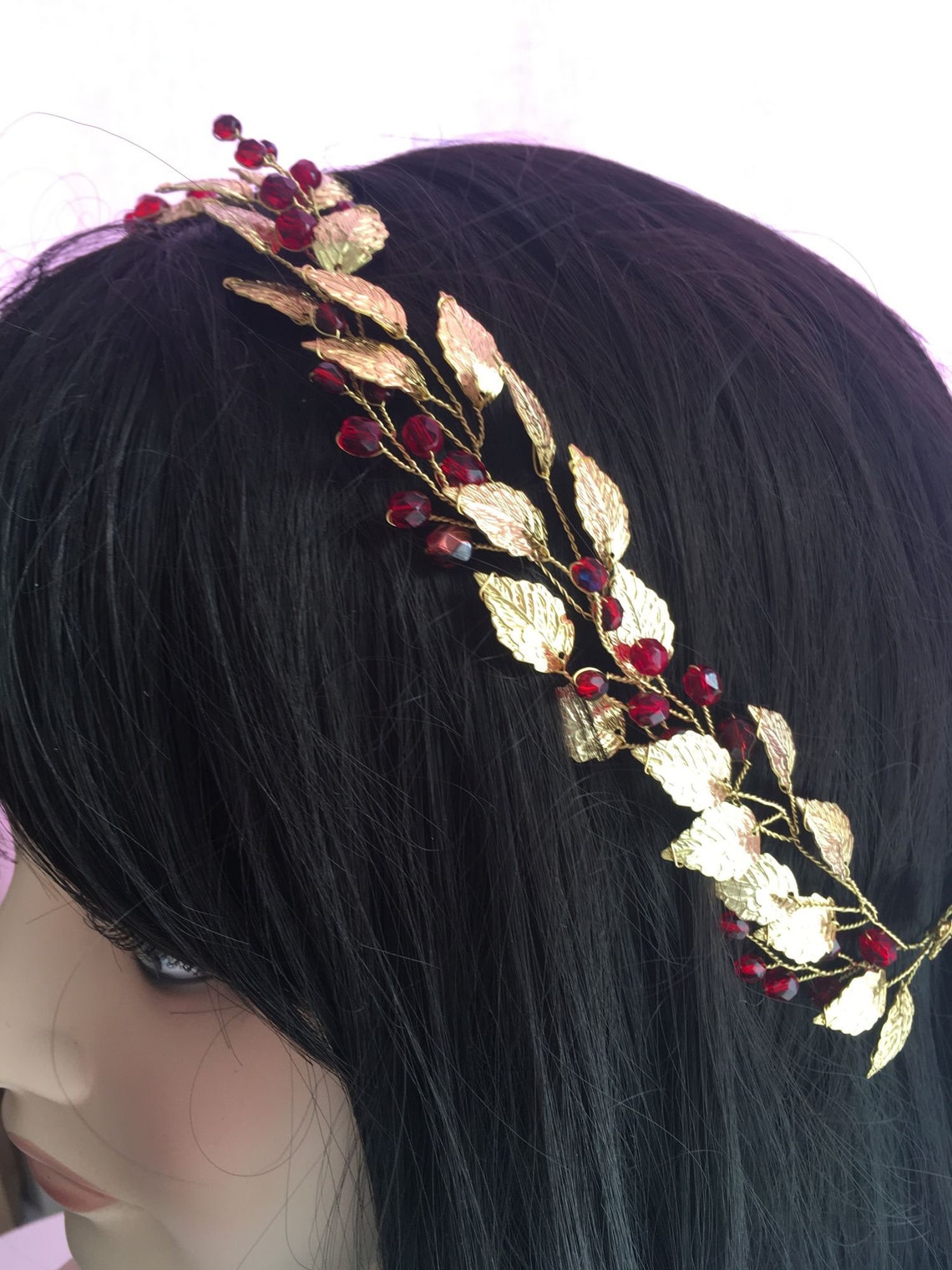 Gold Leaf Bridal Hair Vine: Ruby Red Czech Glass Wedding Headpiece ...