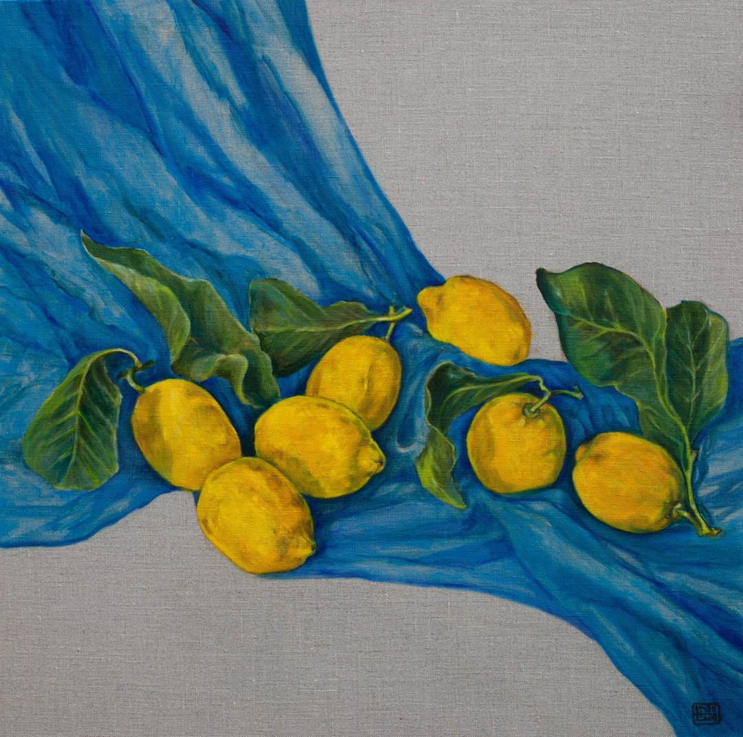 Seven Lemons Original Oil Painting on Linen Box Canvas Collectible Art ...