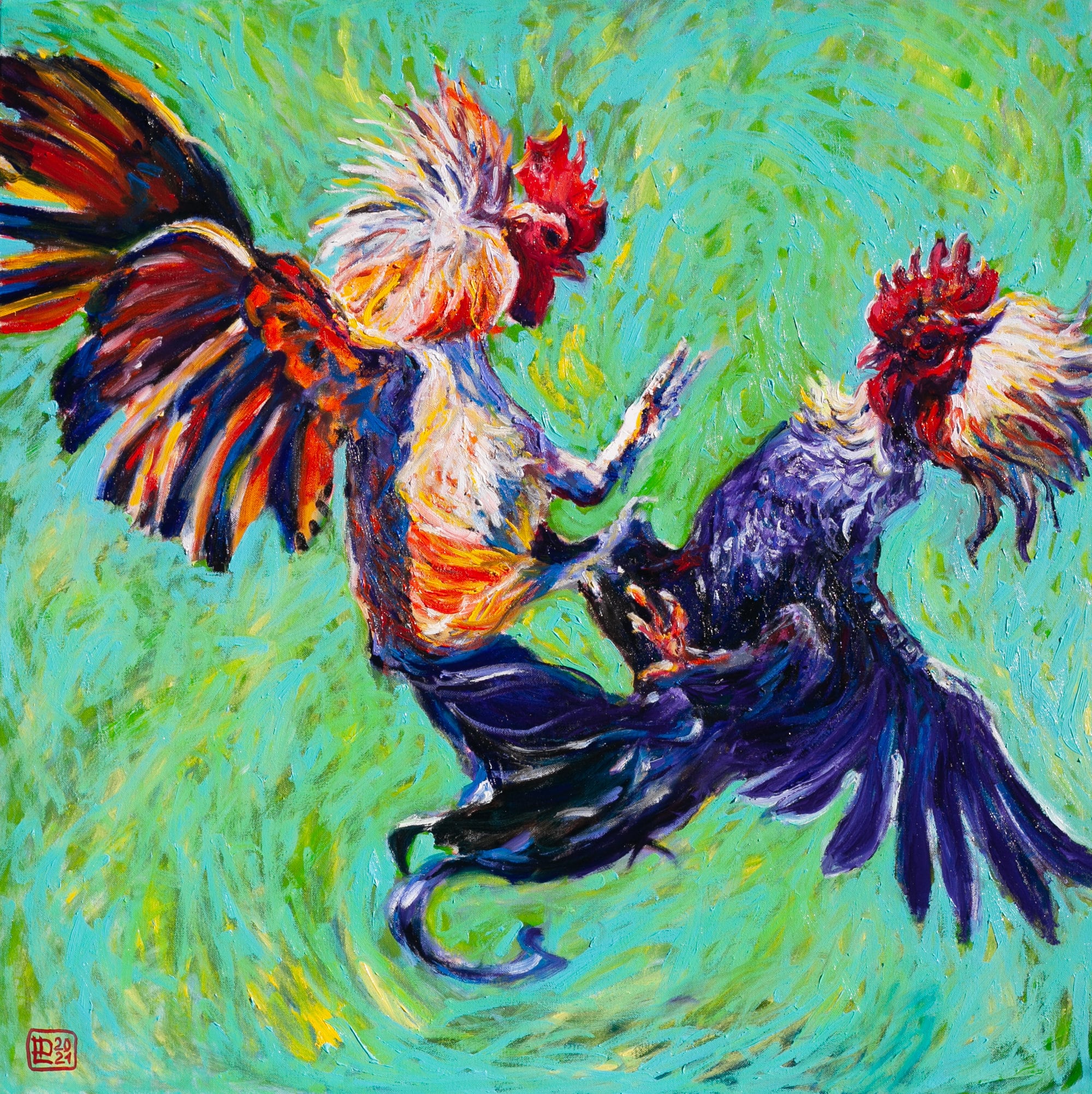 Fighting Roosters Painting